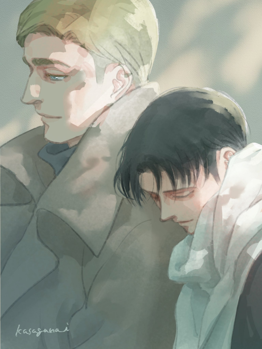 Safebooru - 2boys blue eyes brown hair closed eyes closed mouth coat ...