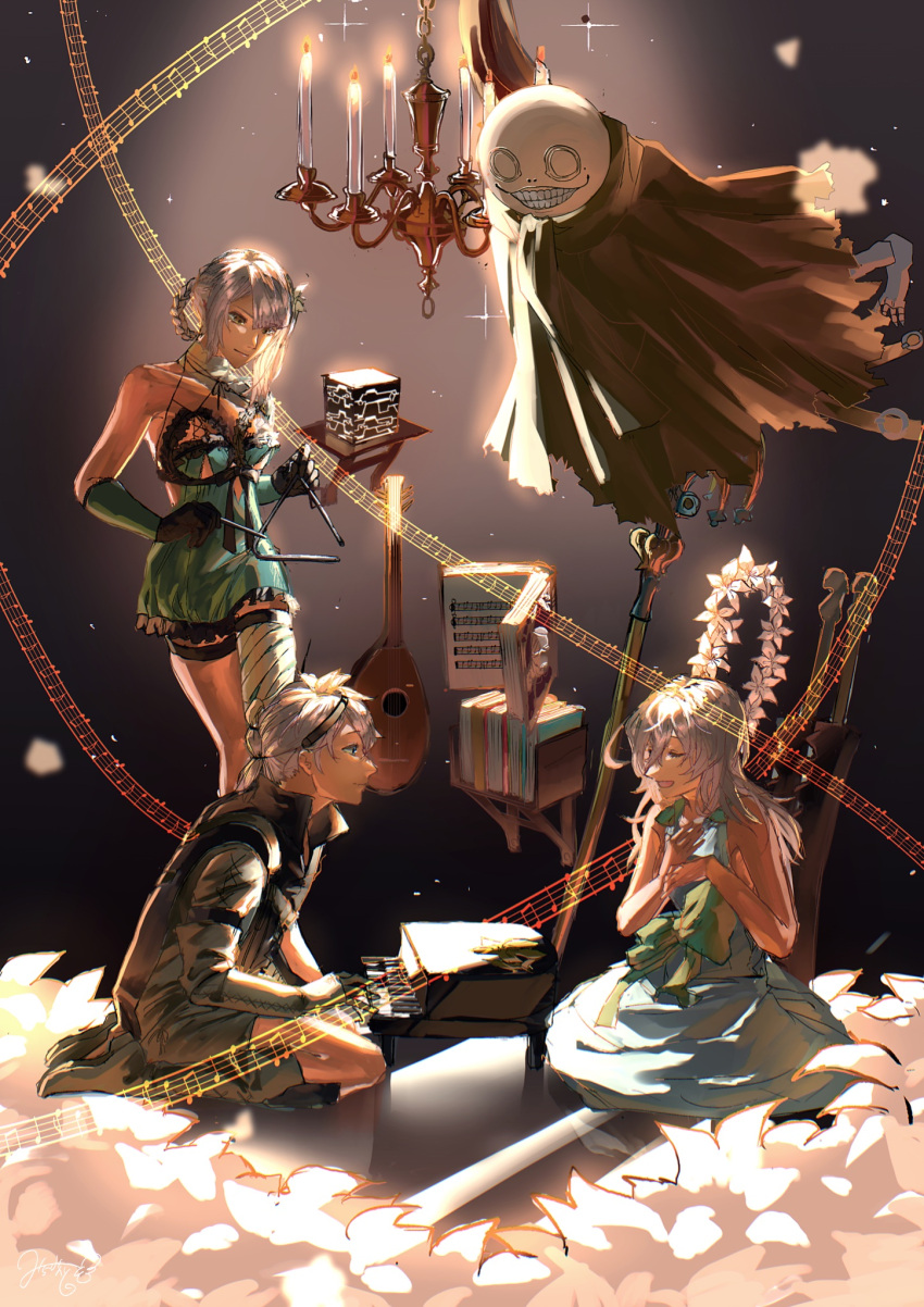 Safebooru - 2boys 2girls aqua dress bandaged leg bandages black cloak ...