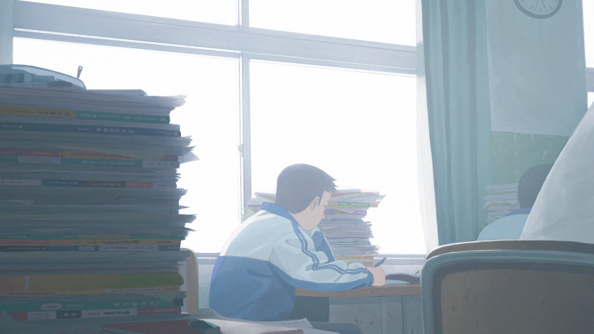 Safebooru - 2boys black hair blue jacket book book stack clock curtains ...