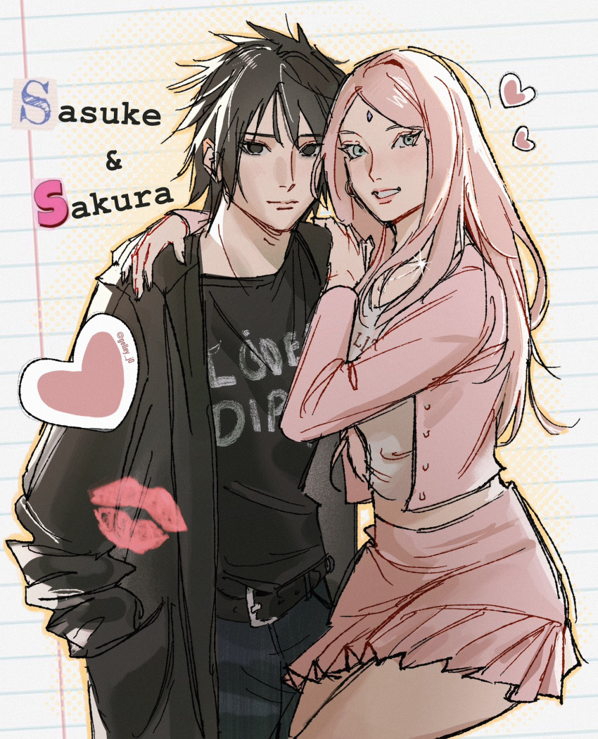 Safebooru - 1boy 1girl arm around shoulder black eyes black hair black ...