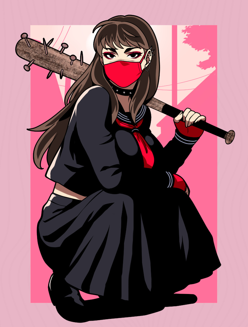 Safebooru - 1girl baseball bat black jacket black serafuku black skirt ...
