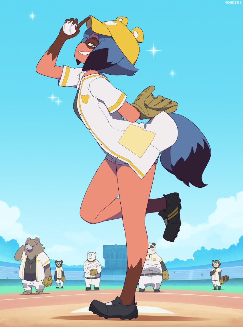 Safebooru - 1girl 5boys absurdres adjusting headwear animal ears artist name ball baseball ...