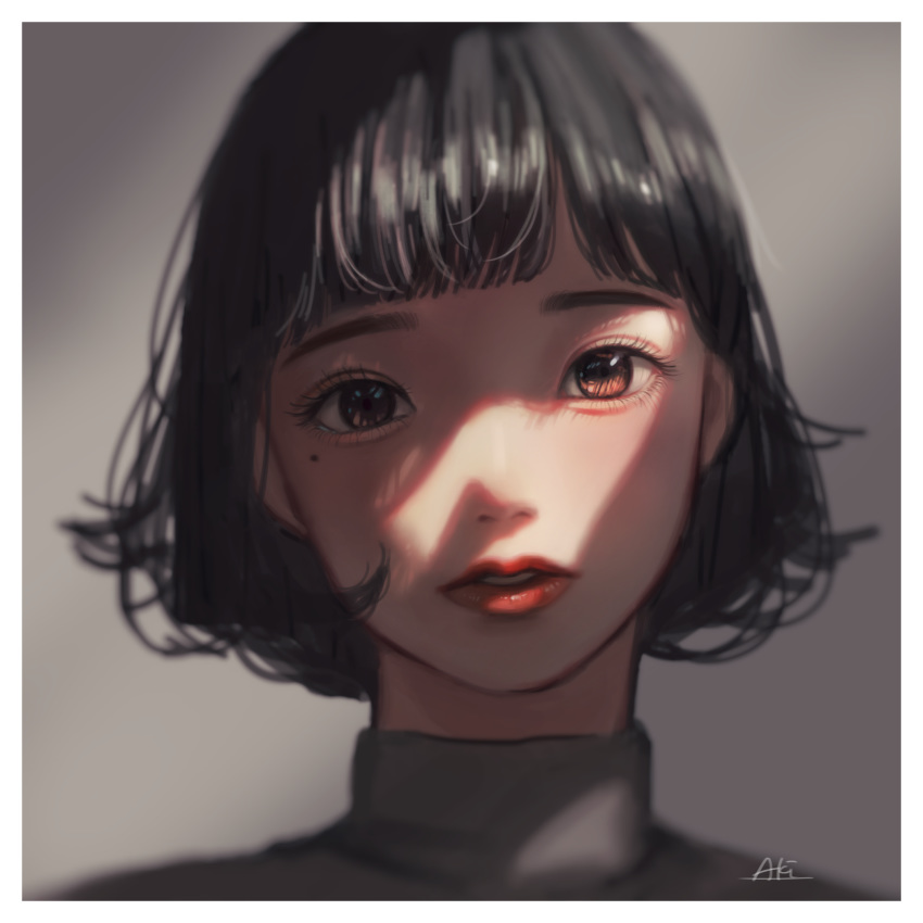 Safebooru - 1girl aki a0623 bangs black hair blunt bangs bob cut border brown eyes commentary ...