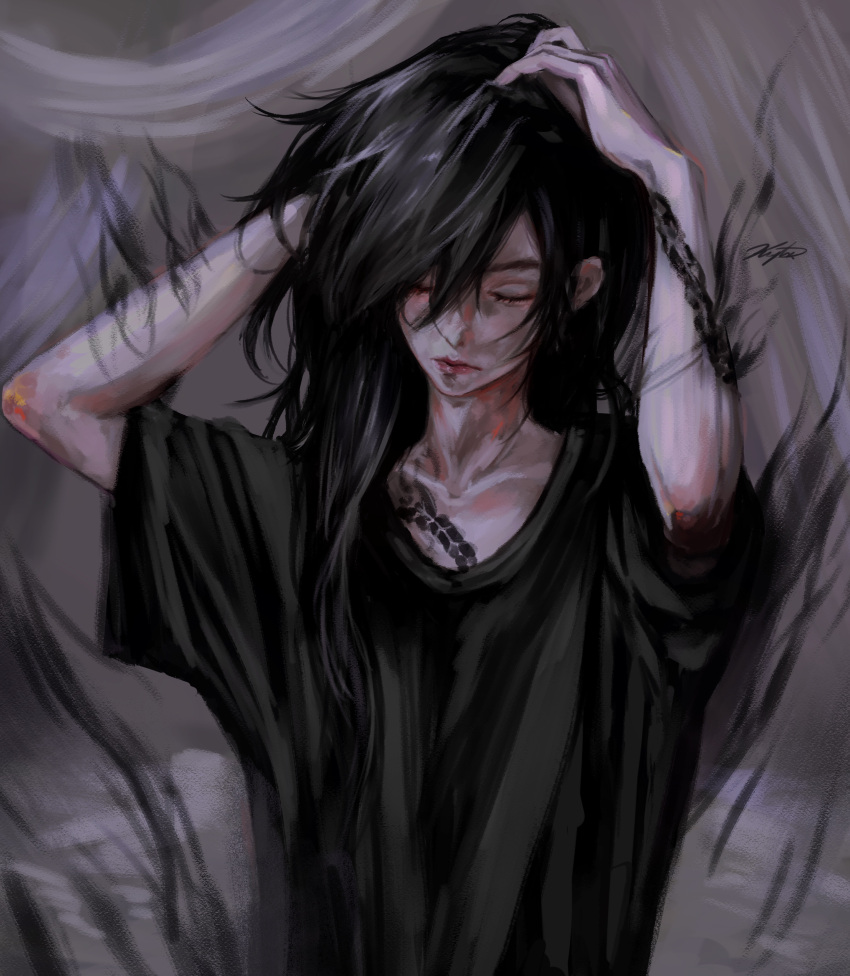 Safebooru - 1boy absurdres adjusting hair black hair black shirt chest ...
