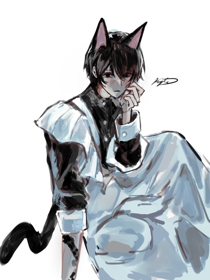 Safebooru - 1boy animal ears apron arm tattoo black dress black eyes ...