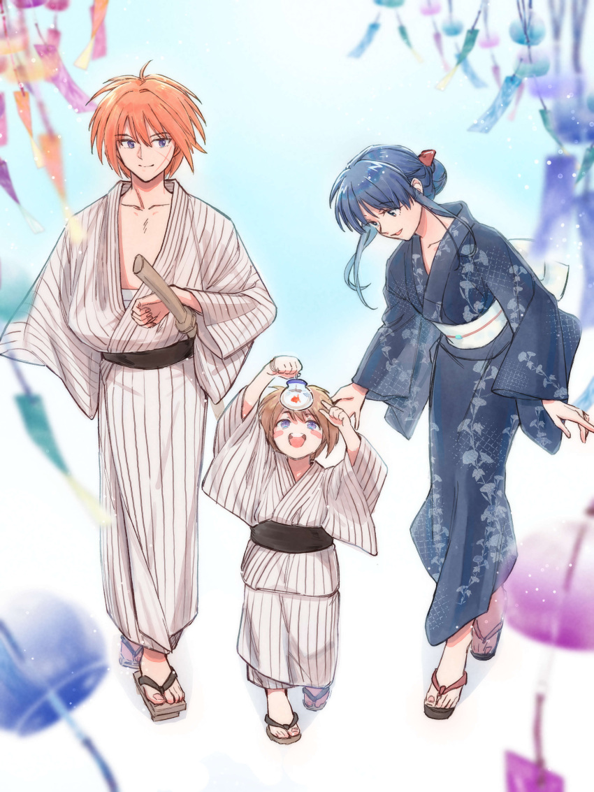 Safebooru - 1girl 2boys absurdres blue eyes blue hair blue kimono ...