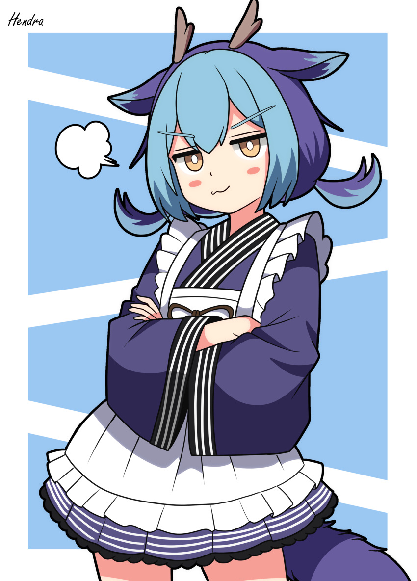 Safebooru - 1girl absurdres apron blue hair commentary request dragon ...