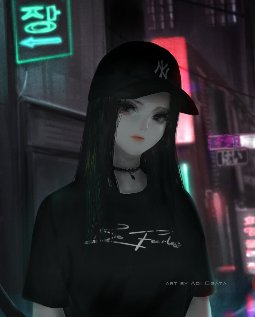Safebooru - 1girl aoi ogata artist name baseball cap black headwear black shirt blurry blurry ...