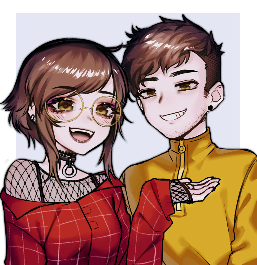 Safebooru - 1boy 1girl artist self-insert breasts brown-framed eyewear ...