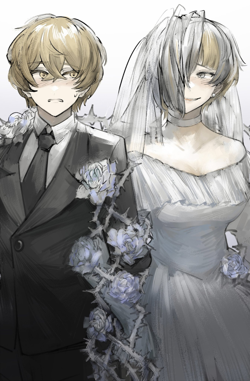 Safebooru - 1boy 1girl black jacket black necktie blonde hair blush clenched teeth collared ...