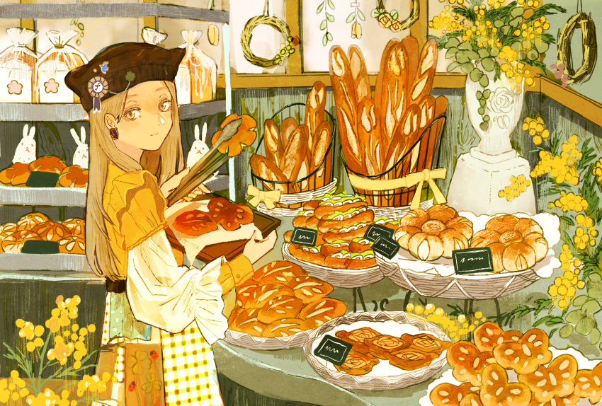 Safebooru - 1girl absurdres apron baguette bakery bangs bread brown eyes brown hair brown ...