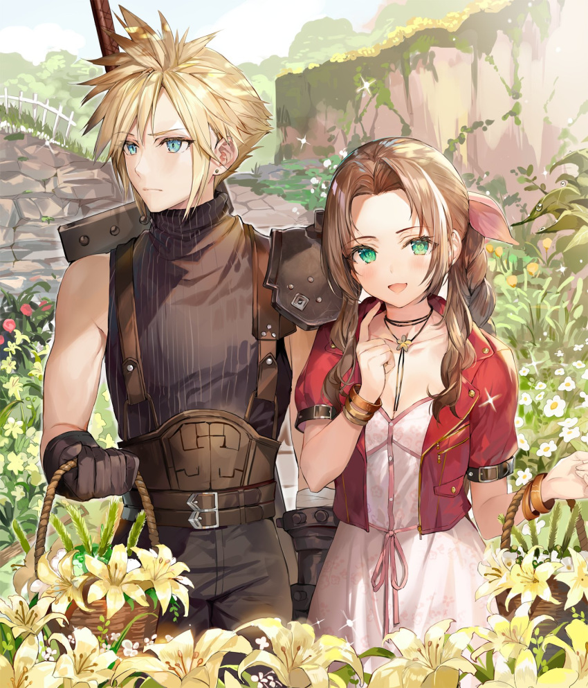 Safebooru - 1boy 1girl aerith gainsborough bangs bare shoulders basket blonde hair blue eyes ...