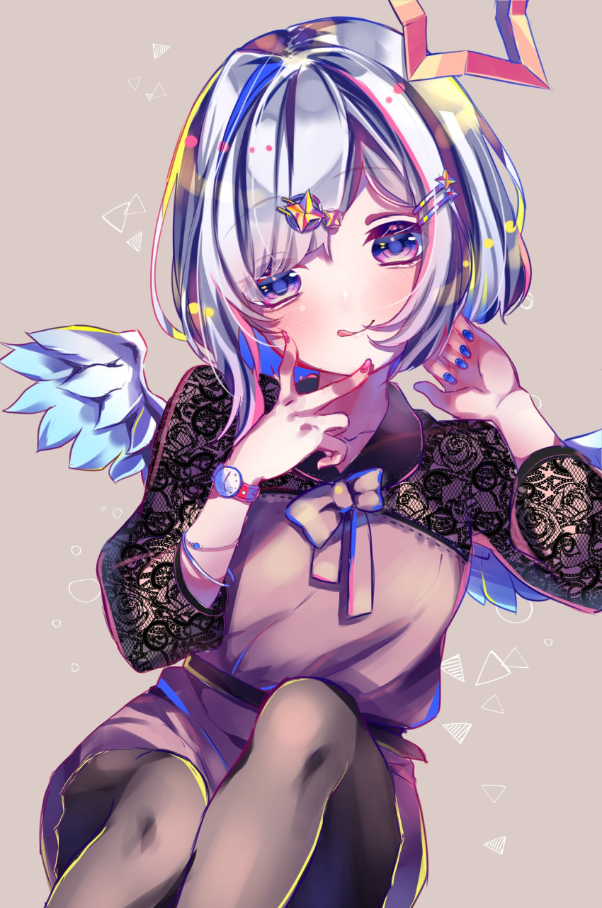 Safebooru - 1girl amane kanata angel wings blue hair blue nails blush brown legwear casual feet ...