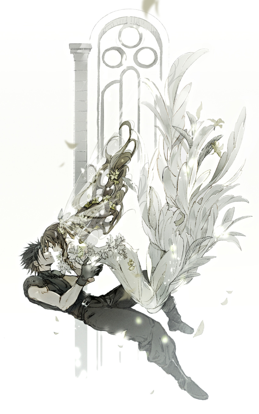 Safebooru - 1boy 1girl aerith gainsborough bangs black hair black pants bridal veil brown hair ...