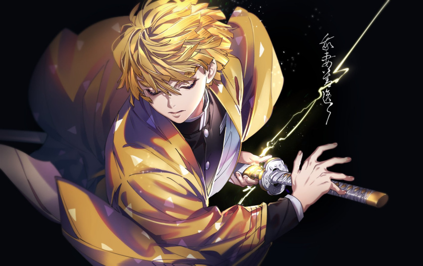 Safebooru - 1boy agatsuma zenitsu bangs black background blonde hair ...