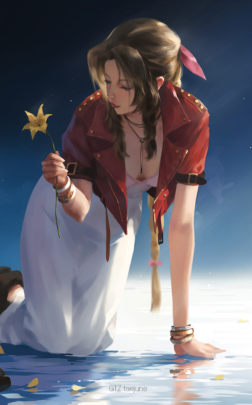 Safebooru - 1girl aerith gainsborough artist name bow bracelet braid brown hair cropped jacket ...