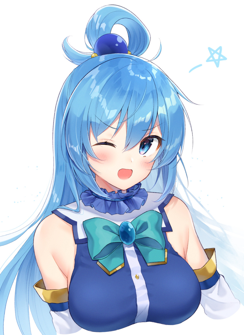 Safebooru - 1girl ;d aqua (konosuba) aqua bow aqua neckwear bangs bare shoulders blue eyes blue ...