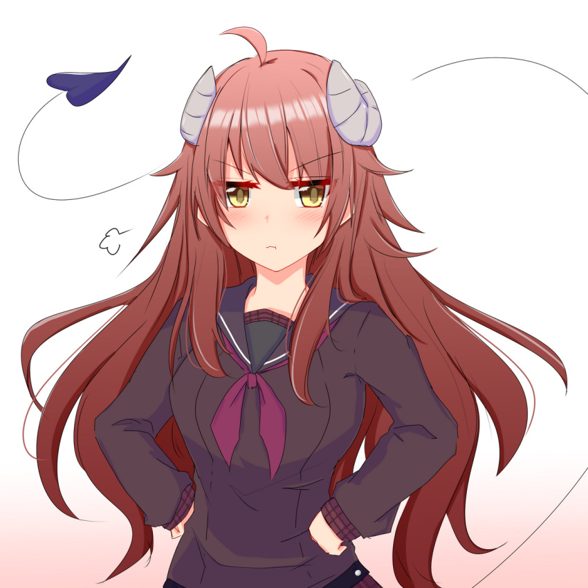 Safebooru - 1girl ahoge blush brown eyes brown hair curled horns demon ...