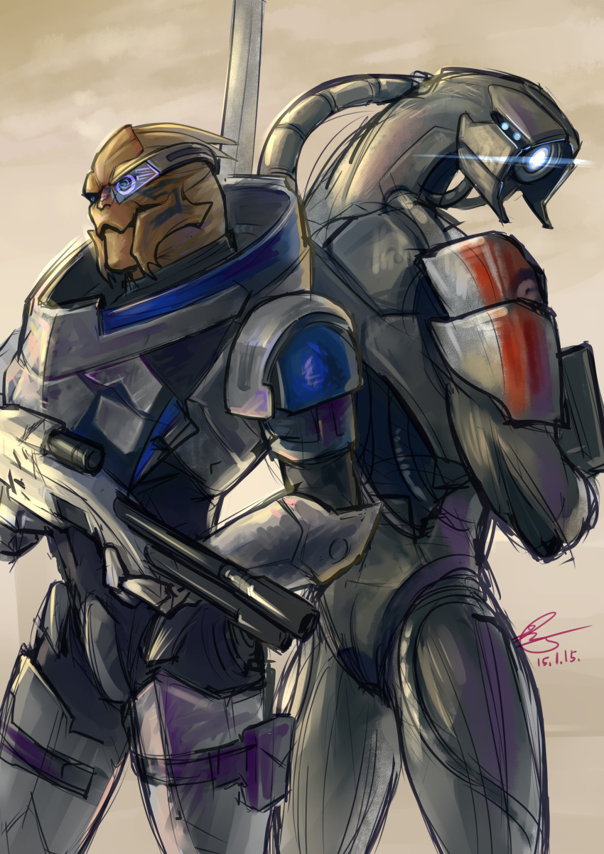 Safebooru - absurdres alien back-to-back blue eyes garrus vakarian geth ...