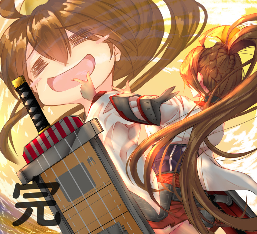 Safebooru - 1girl bangs blue oath blush brown hair clouds eyebrows visible through hair flight ...