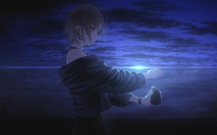 Safebooru - 1girl asakura tooru bangs blue eyes brown hair cowboy shot earrings eyebrows visible ...