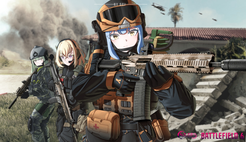 Safebooru - 3girls absurdres aiming aircraft alternate costume ...