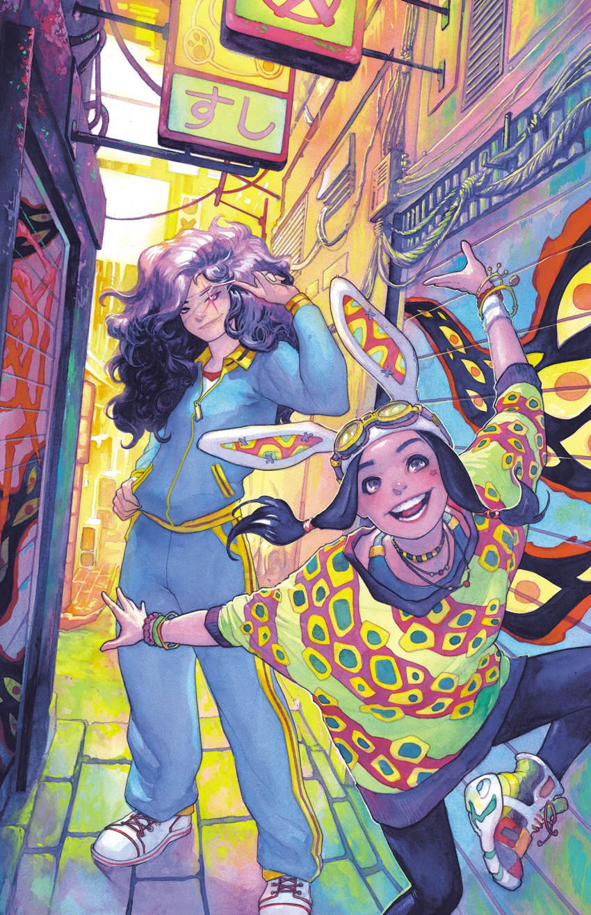 Safebooru - 2girls :d alley animal ears big hair black hair black ...
