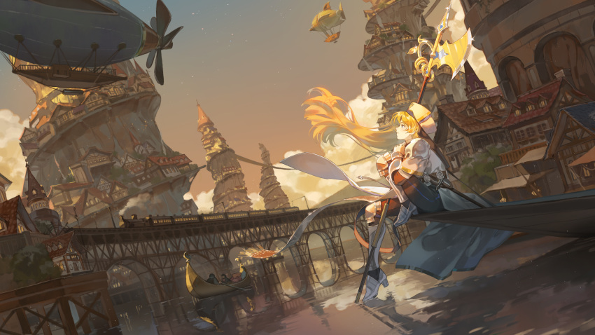 Safebooru - 1girl 2boys absurdres aircraft black pants blonde hair blue ...