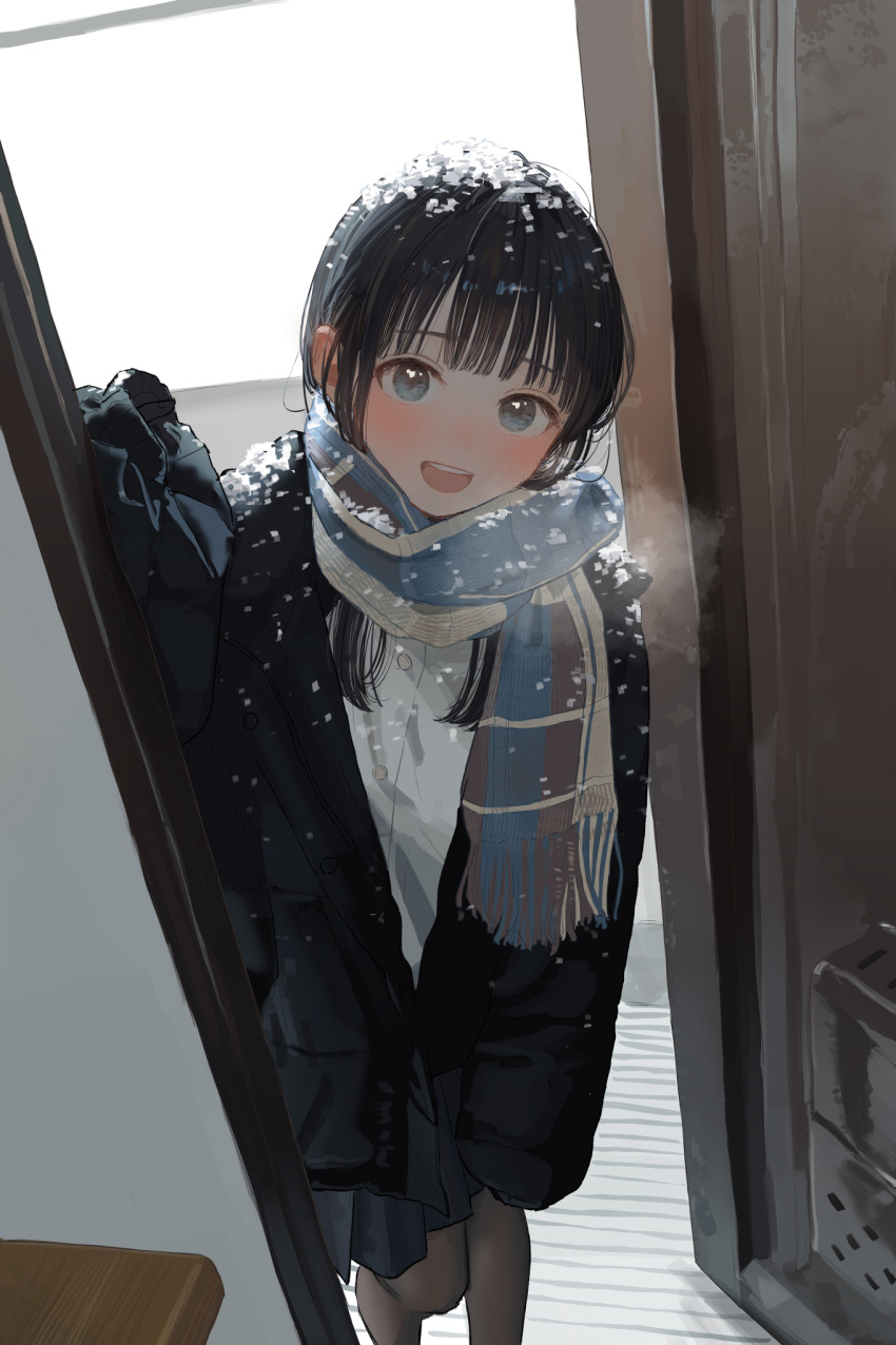 Safebooru - 1girl :d akipeko black hair blue scarf door highres medium ...