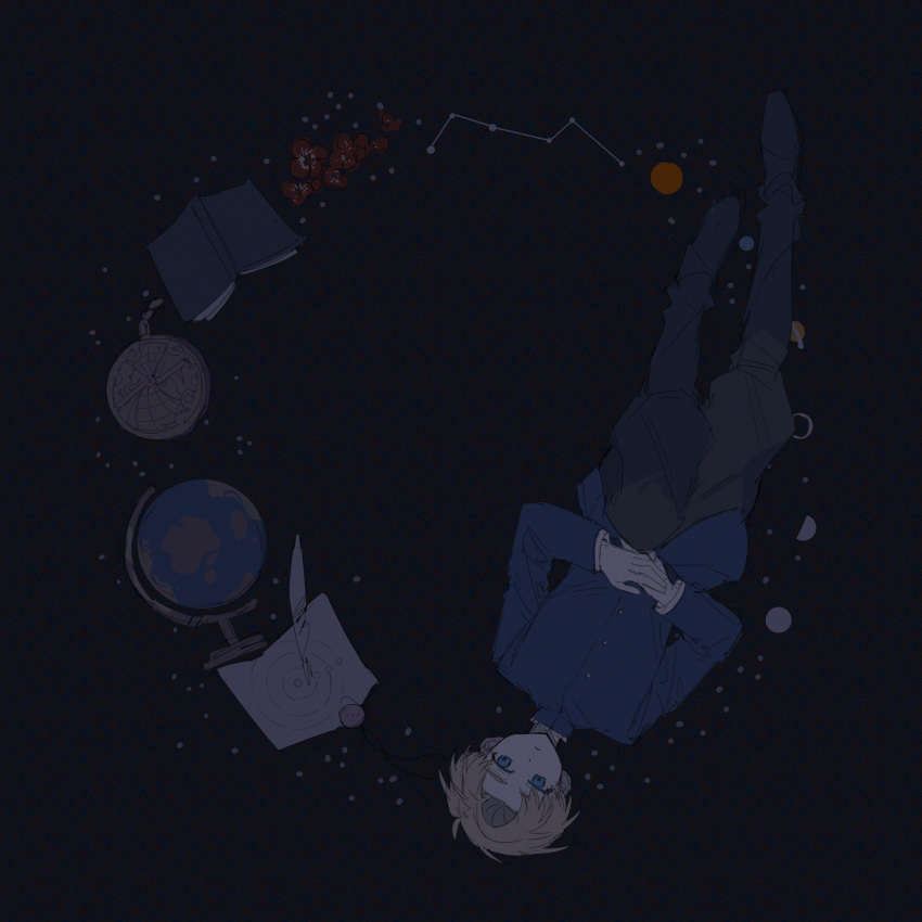 Safebooru - 1boy absurdres black background black pants blonde hair ...