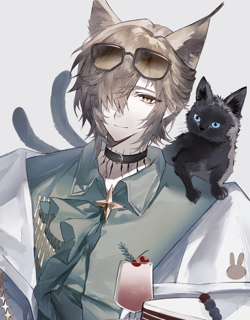 Safebooru - 1boy animal ears animal on shoulder arknights black cat ...