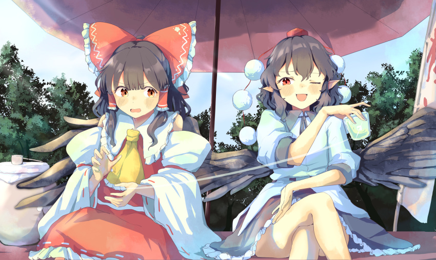 Safebooru - 2girls ascot black hair black skirt black wings blush bow ...