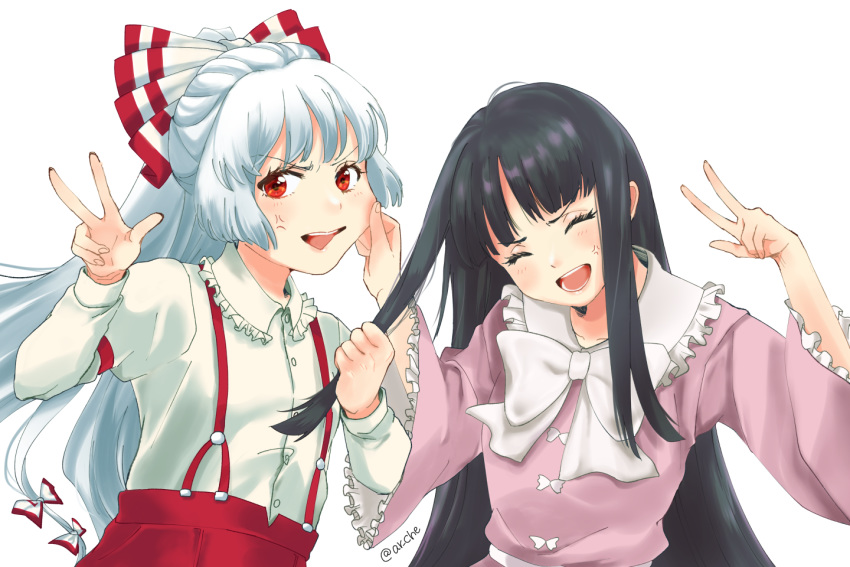 Safebooru - 2girls anger vein arm belt arms up bangs black hair blunt bangs blush bow bowtie ...
