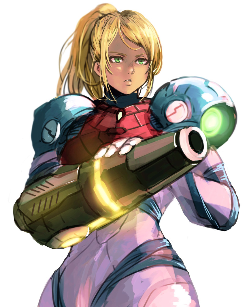 Safebooru - 1girl 6maker arm cannon armor blonde hair green eyes highres long hair metroid ...
