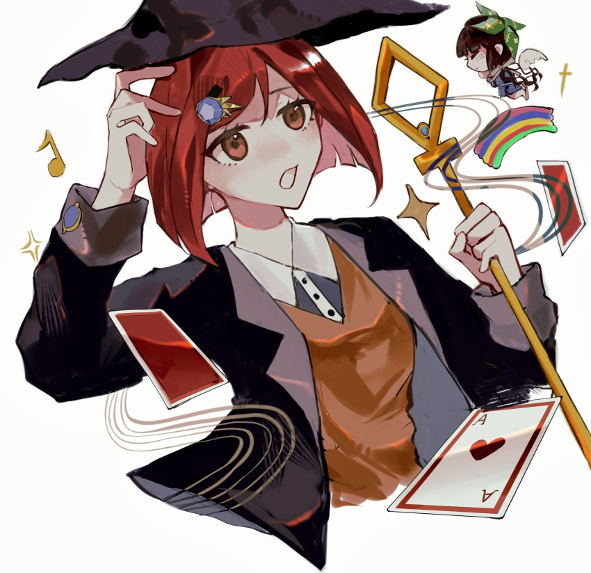 Safebooru - 2girls angel bangs black jacket blush brown vest card ...