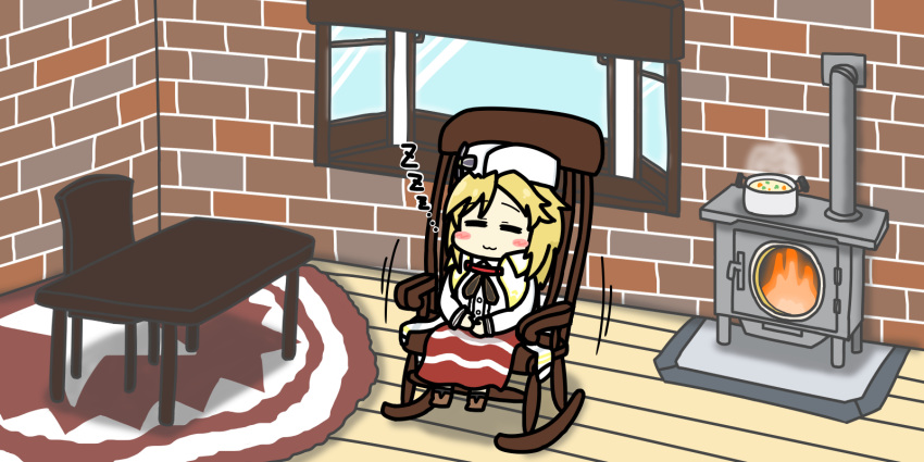 Safebooru - 1girl :3 blonde hair blush chair chibi closed eyes food ...