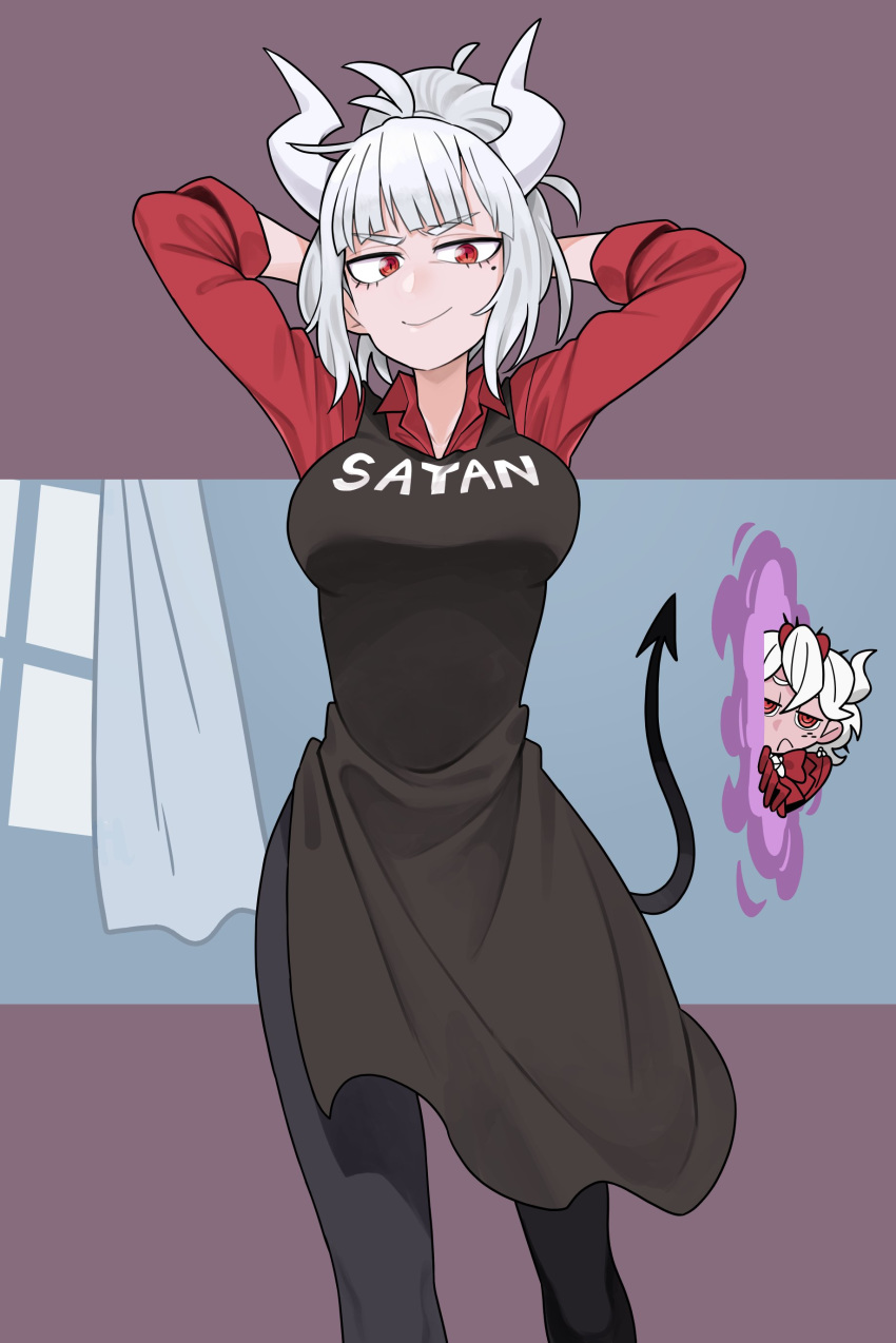 Safebooru - 2girls absurdres apron arms behind head arms up bangs beelzebub (helltaker) black ...