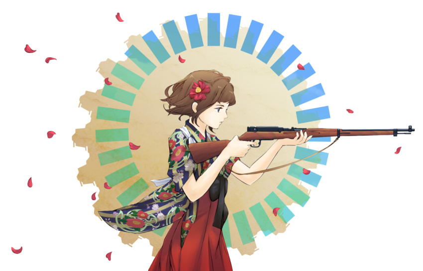 Safebooru - 1girl brown hair commentary request falling petals floral ...
