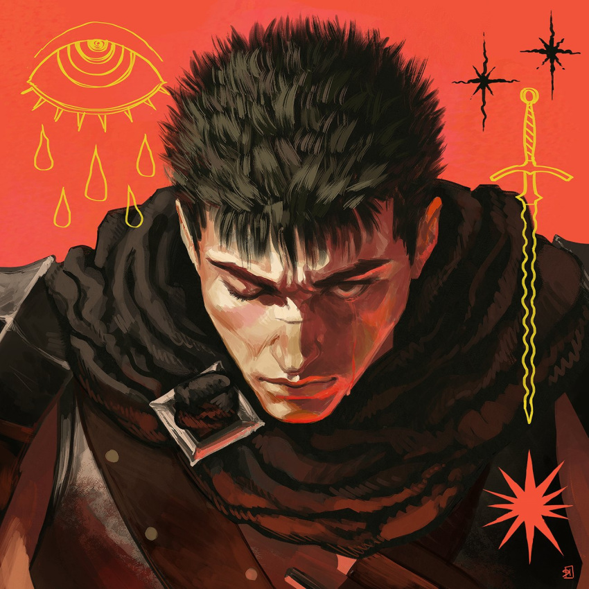 Safebooru - 1boy armor berserk black cape black hair black shirt blood ...