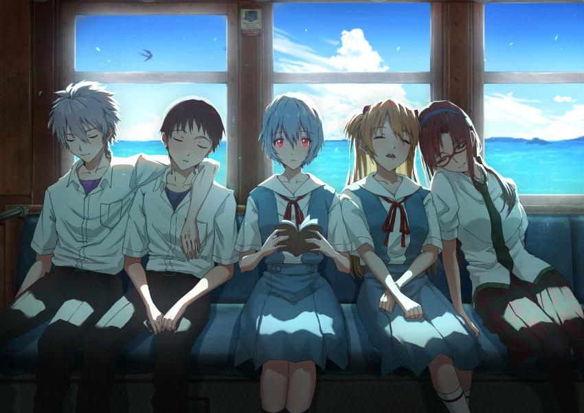 Safebooru - 2boys 3girls absurdres arm around neck ayanami rei black ...