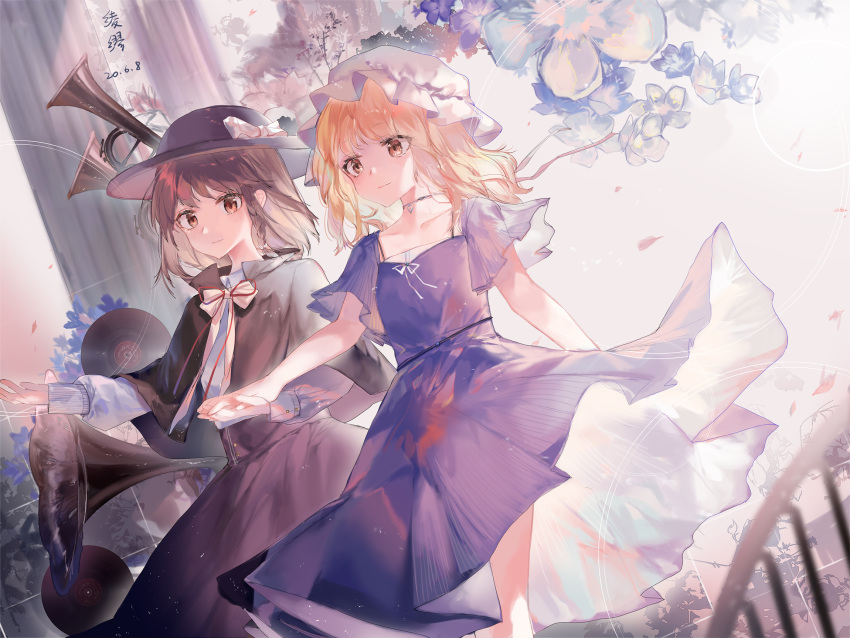 Safebooru - 2girls arms up artist name black capelet black headwear black skirt blonde hair ...