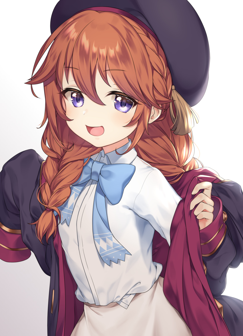 Safebooru - 1girl :d bangs beret black coat black headwear blue bow bow braid brown hair coat ...