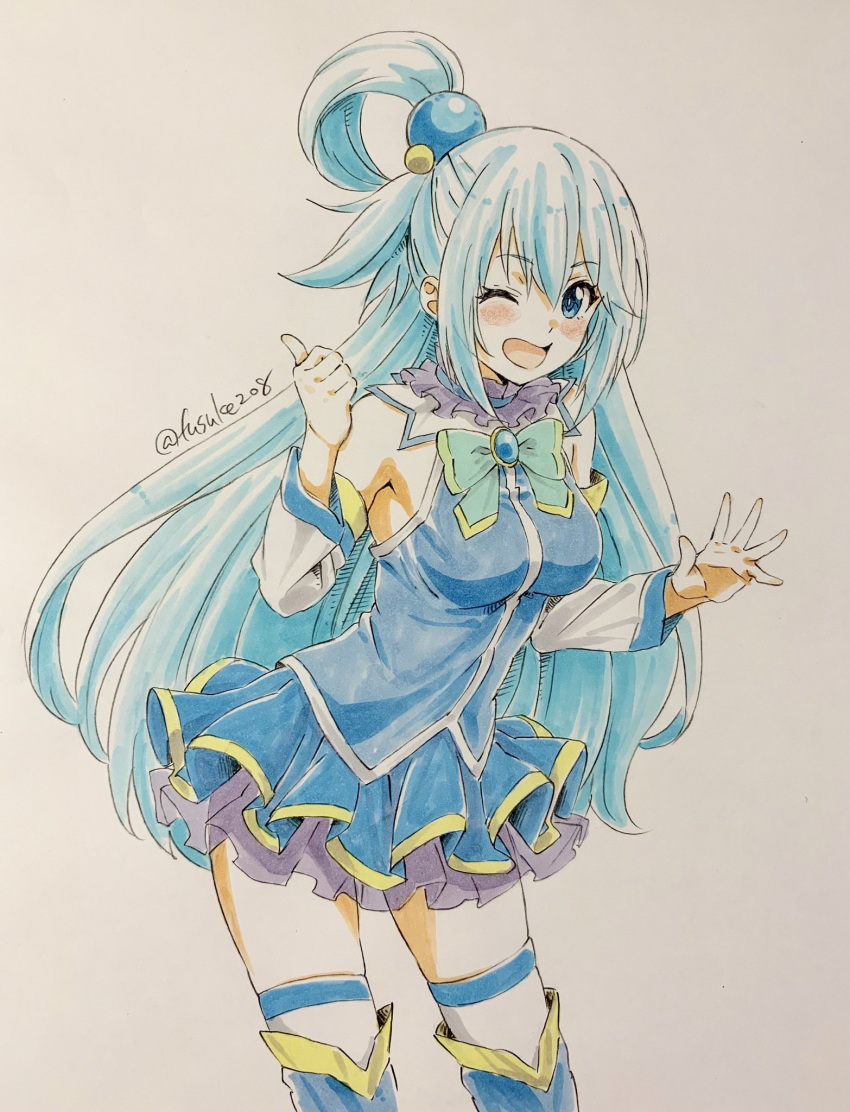 Safebooru - 1girl ;d aqua (konosuba) aqua hair arm warmers armpit crease blue eyes blue footwear ...