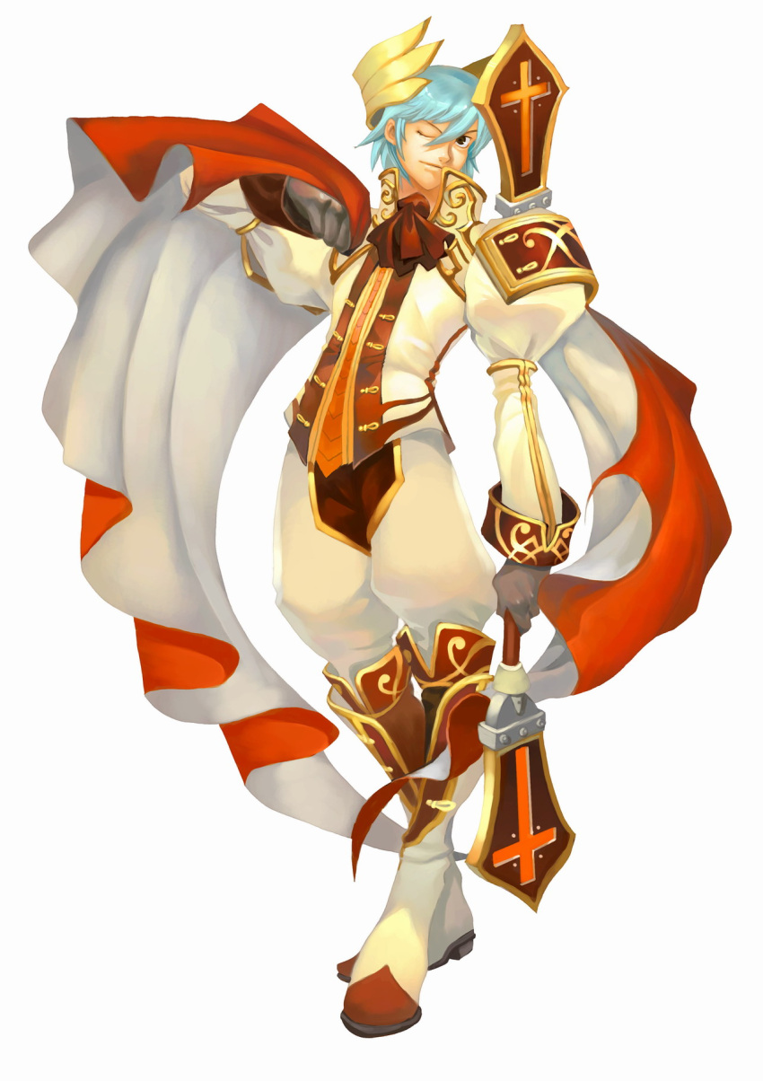 Safebooru - boots brown eyes cape fantasy flyff gloves highres male robe staff wink | 298950