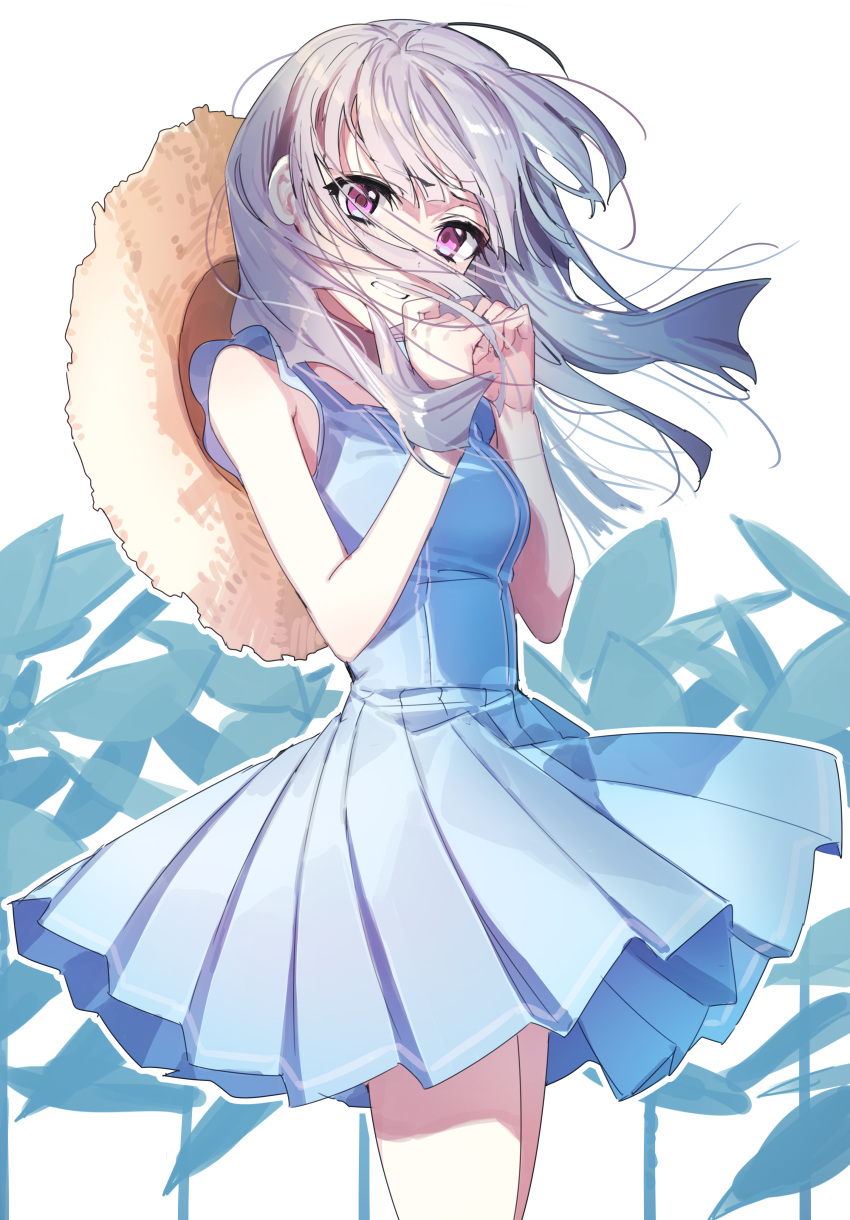 Safebooru - 1girl absurdres bangs bare arms bare shoulders blue dress breasts brown headwear ...