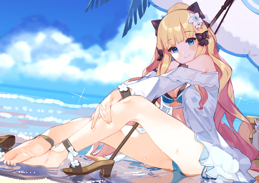 Safebooru - 1girl bare shoulders blonde hair blue eyes blue sky clouds flower hair flower hair ...