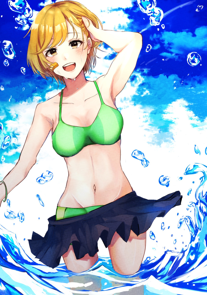 Safebooru - 1girl bandaid bandaid on face bikini blue skirt blue sky breasts brown eyes brown ...