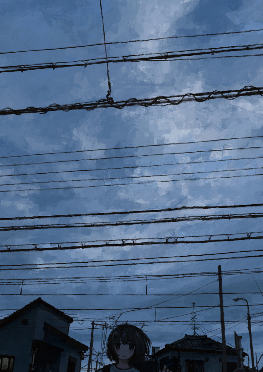Safebooru - 1girl black eyes black hair building clouds cloudy sky highres looking at viewer ...