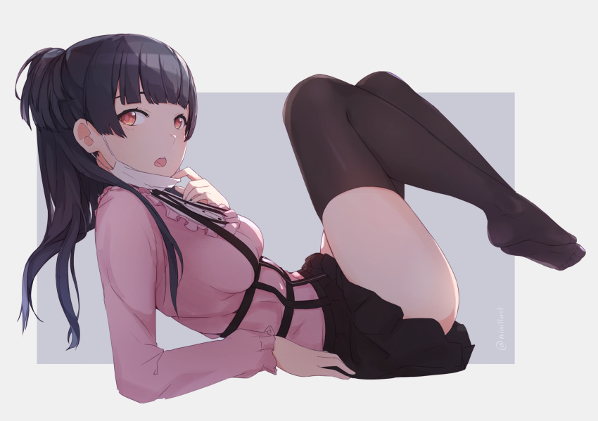 Safebooru - 1girl absurdres arm support bangs black hair black legwear black skirt blunt bangs ...