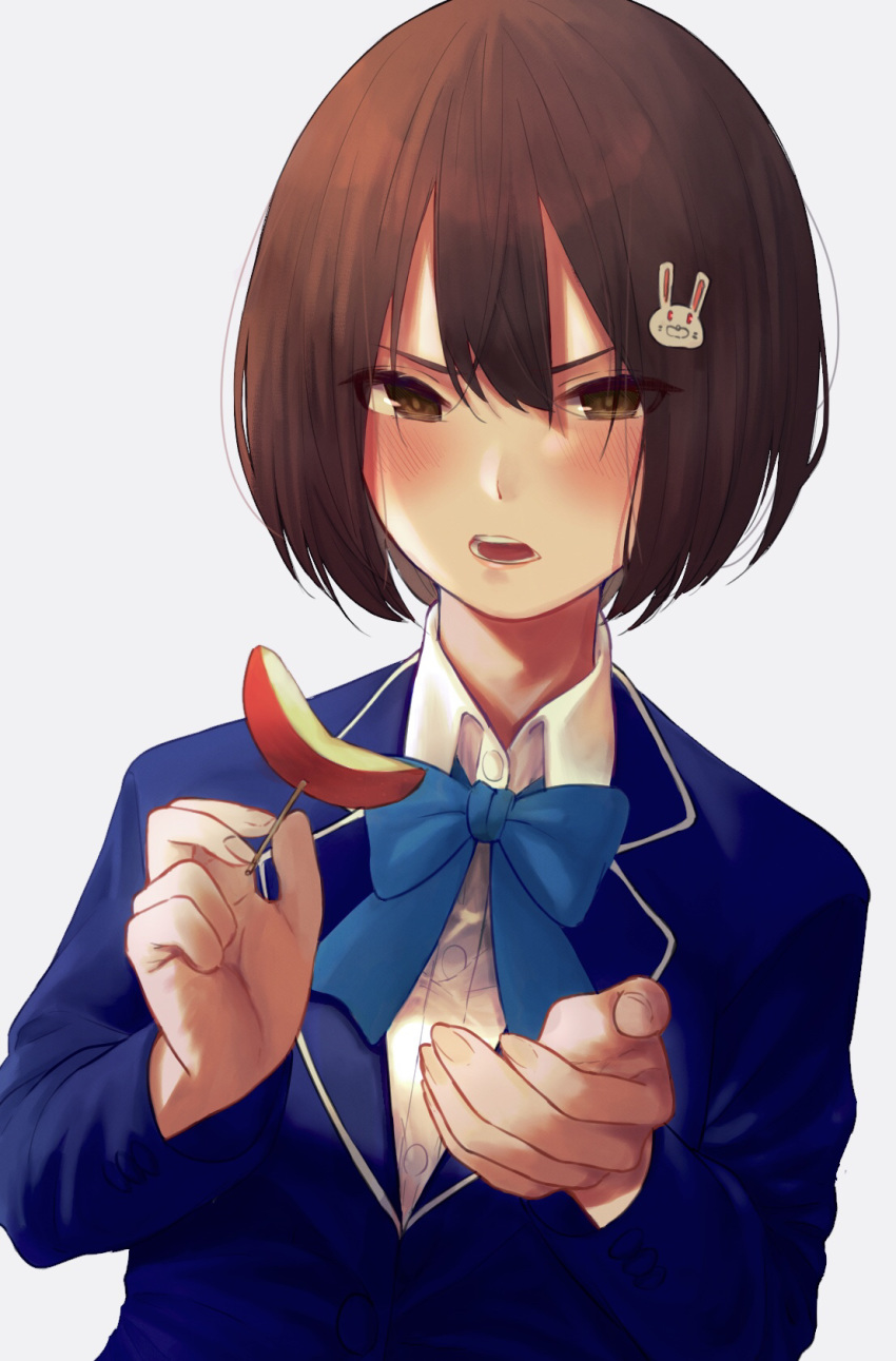 Safebooru - 1girl annoyed apple apple slice bangs blazer blue bow blue jacket blue neckwear ...